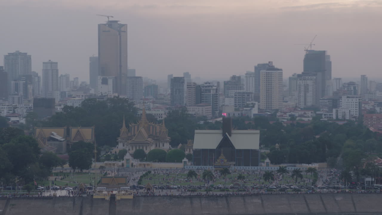 Royal Palace And Polluted Phnom Penh Skyline Pan Right Tight Shot Free ...