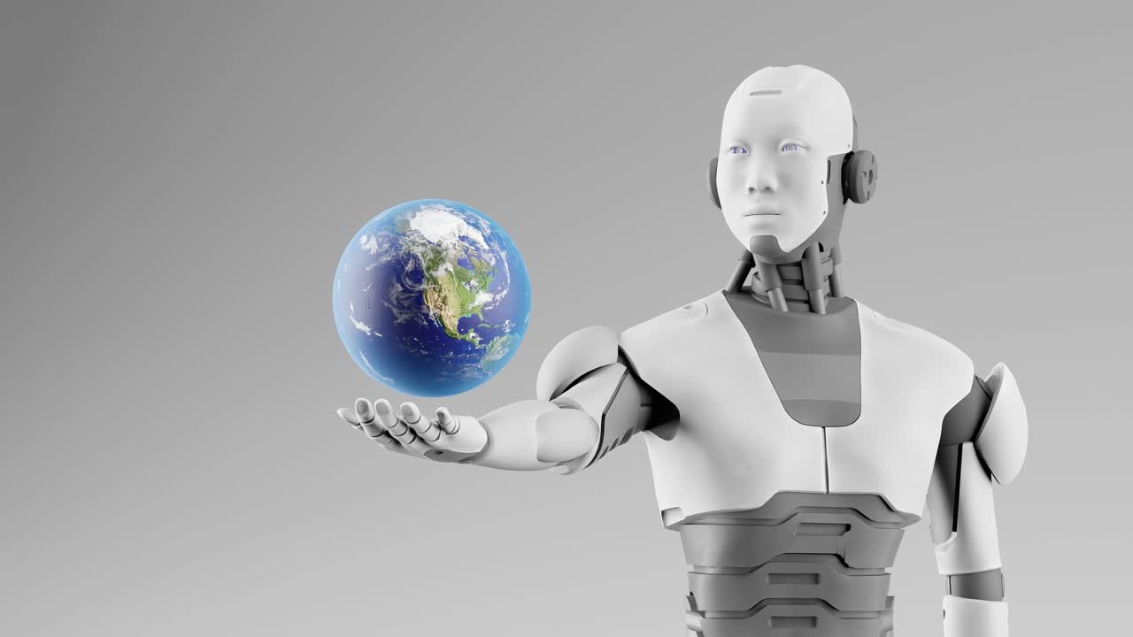 Robot Prototype Cyborg Holding Over Palm Hand The Globe Planet Earth ...