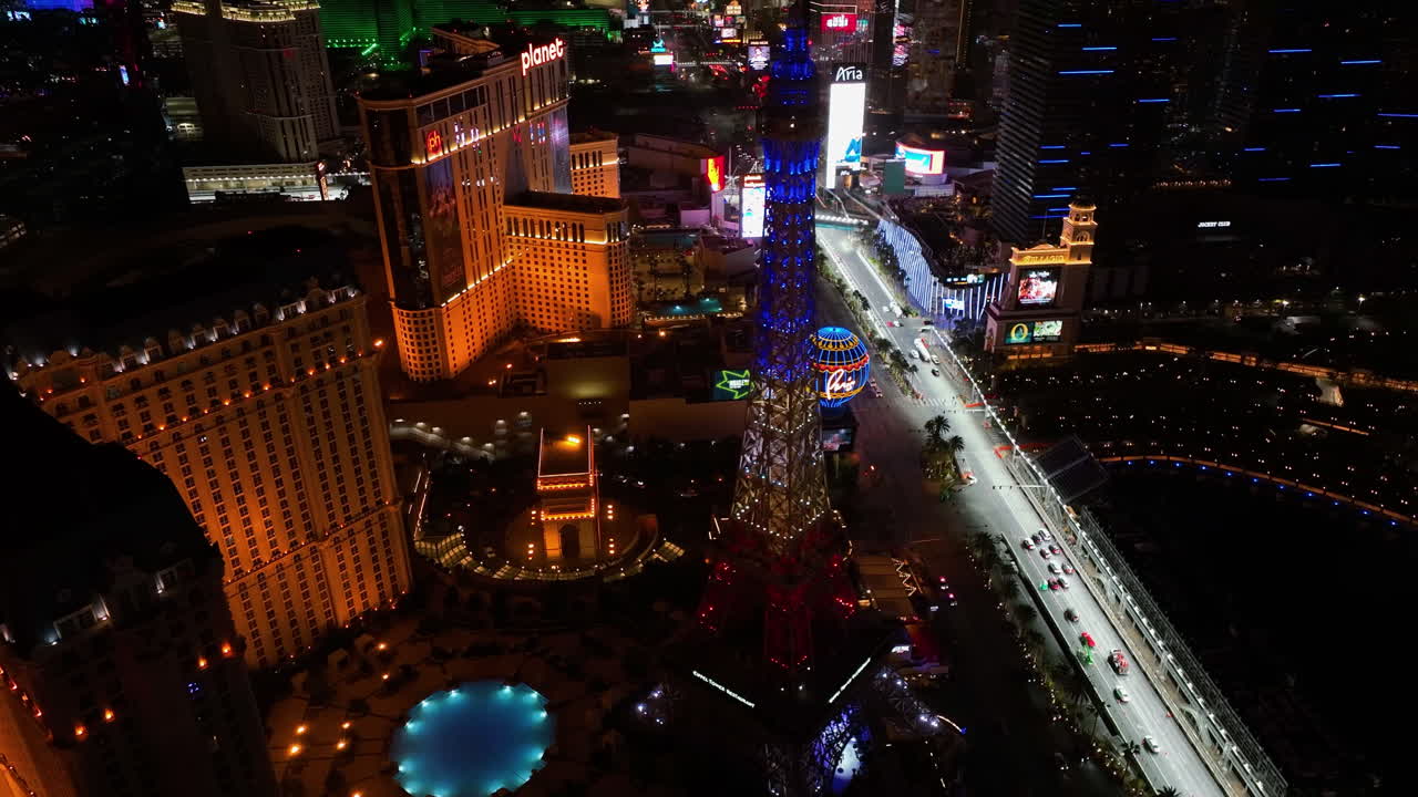 Eiffel Tower Replica, Lit In Colors Of France, Night In Las Vegas - Aerial View Free Stock Video ...
