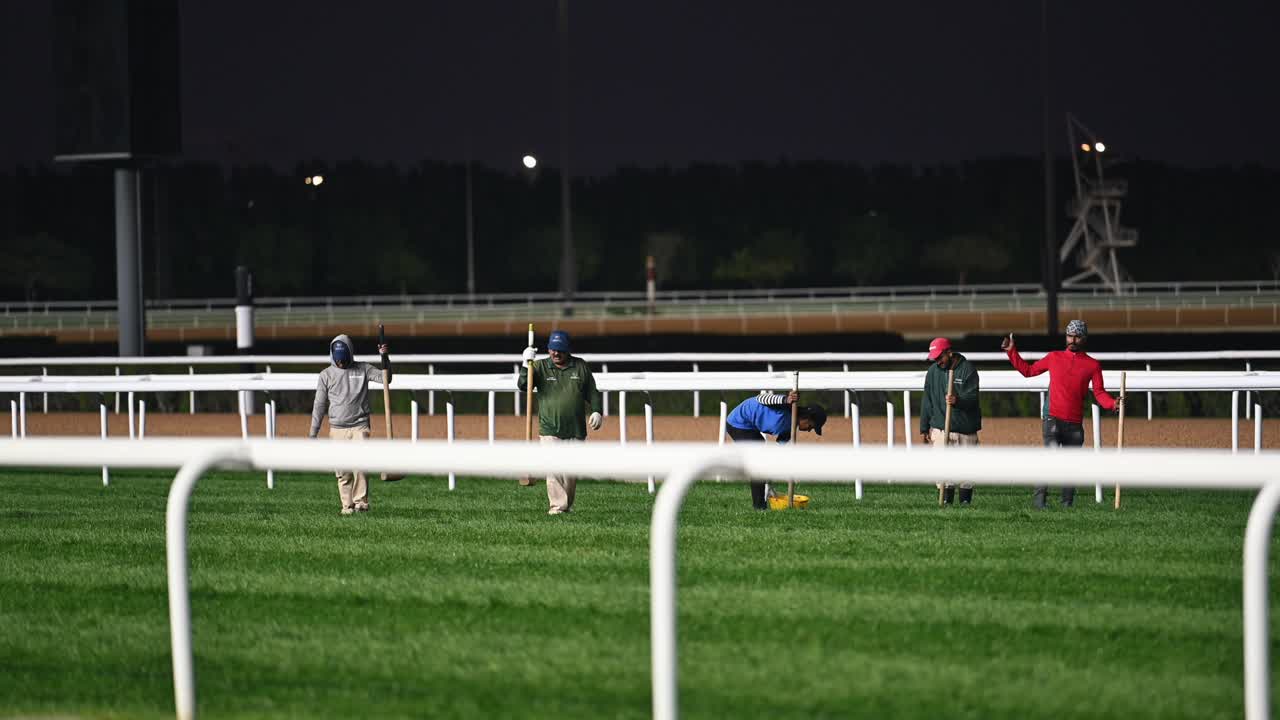 Workers Prepare The Turf Surface Of The Race Track, Utilized For Horse ...
