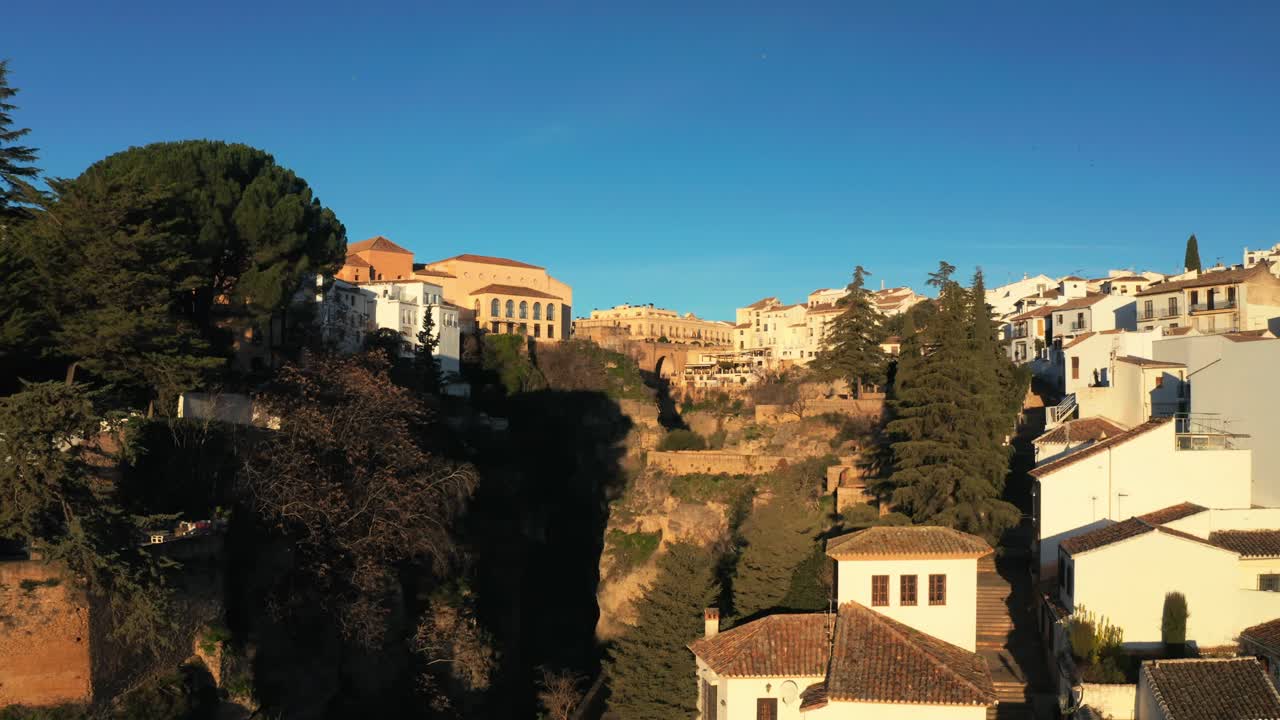 Ronda, Spain, Flying Above Canyon Between Old Town Buildings, Revealing ...