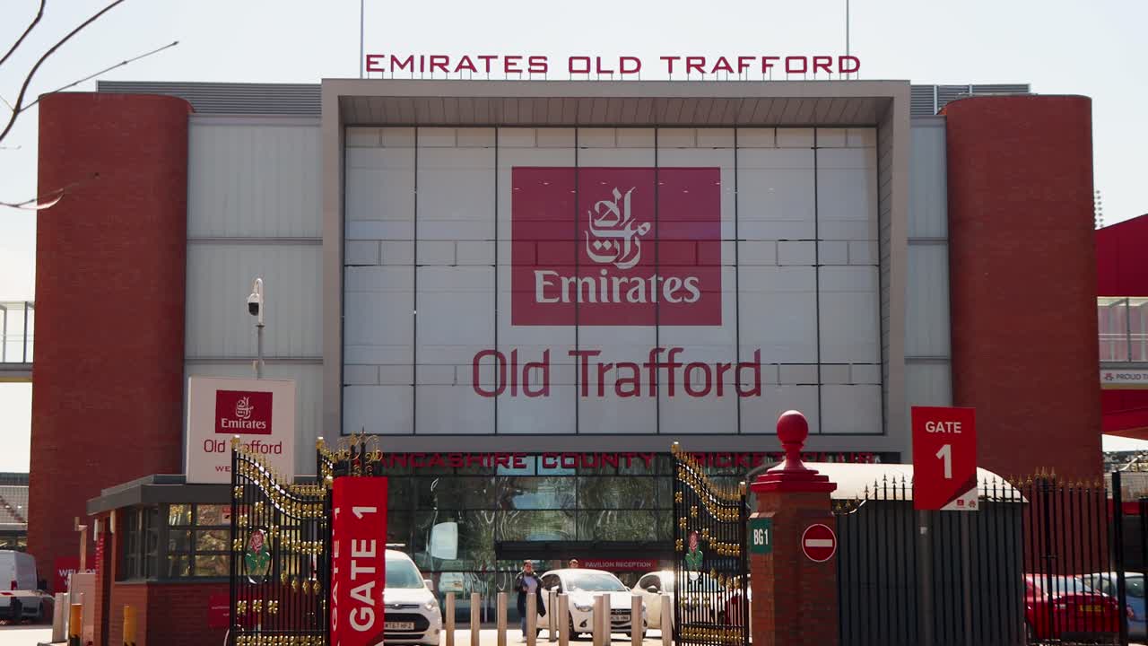 Emirates Old Trafford Stadium Entrance With Large Sign In Manchester ...