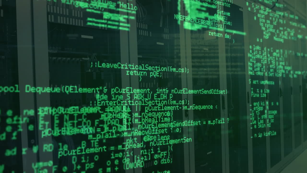 Green Code And Data Processing Animation Over Server Racks In Data ...