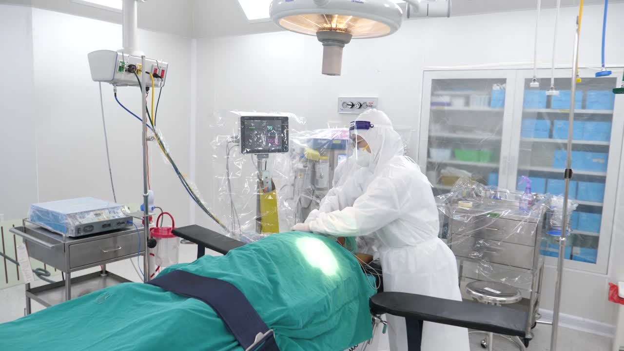 Asian Medical Staff Wear PPE Prepare Patient For Surgery In Operating ...