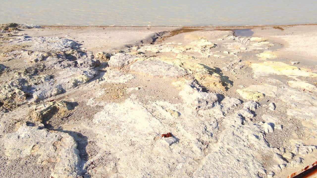 Low Drone Flyover Of Bubbling Volcanic Lake Rock And Mud Pools With ...