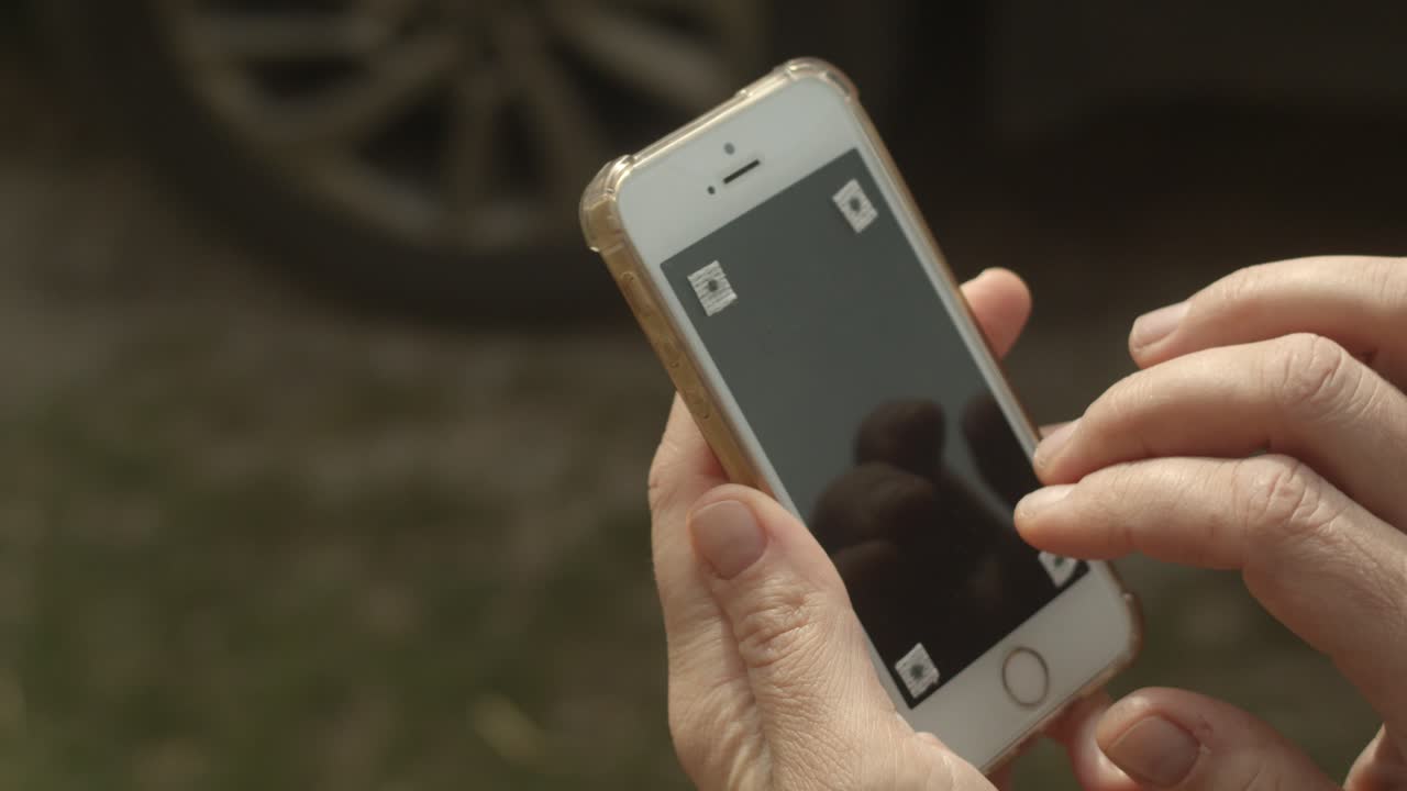 Male Hand Lifts Mobile Phone With Tracking Points On Screen, Template ...