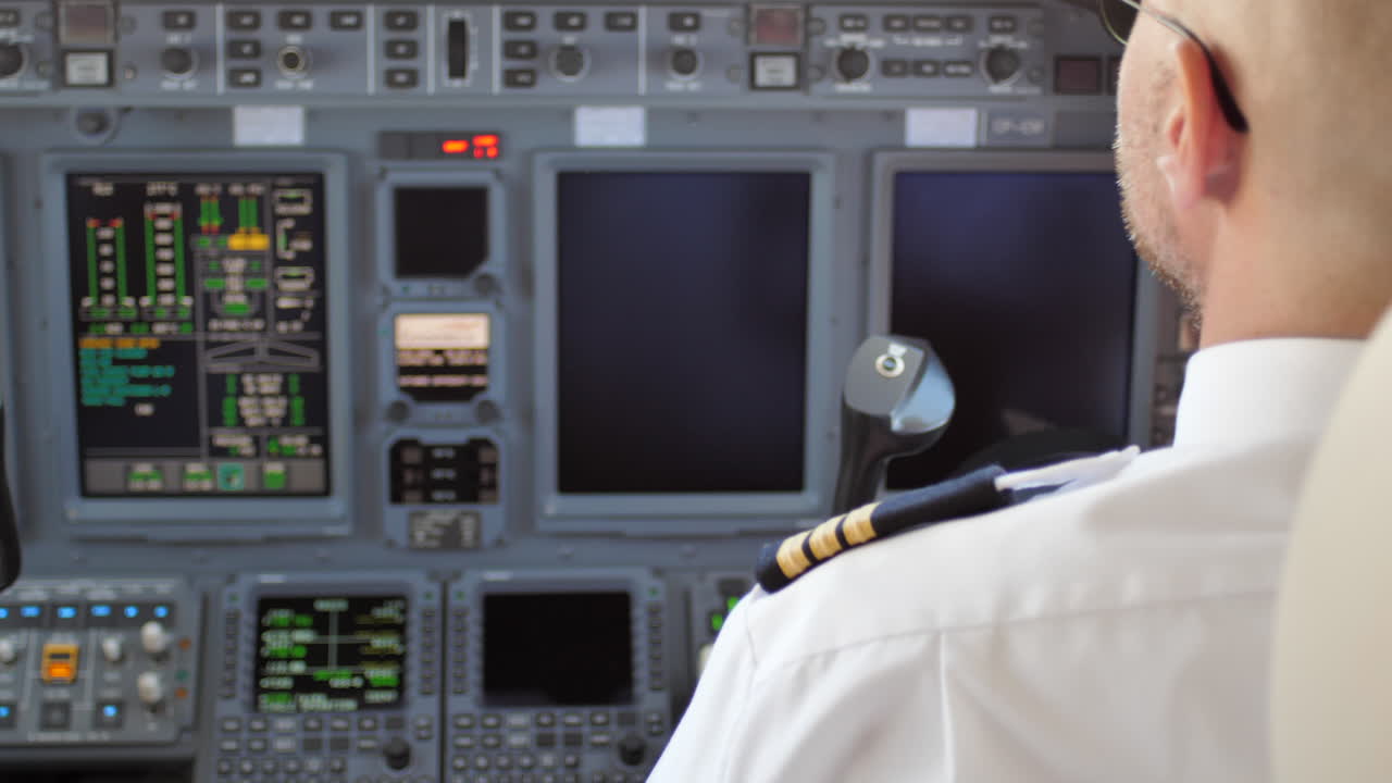 Male Pilot In Cockpit Starting Up Aircraft Avionics Instrument Panel ...