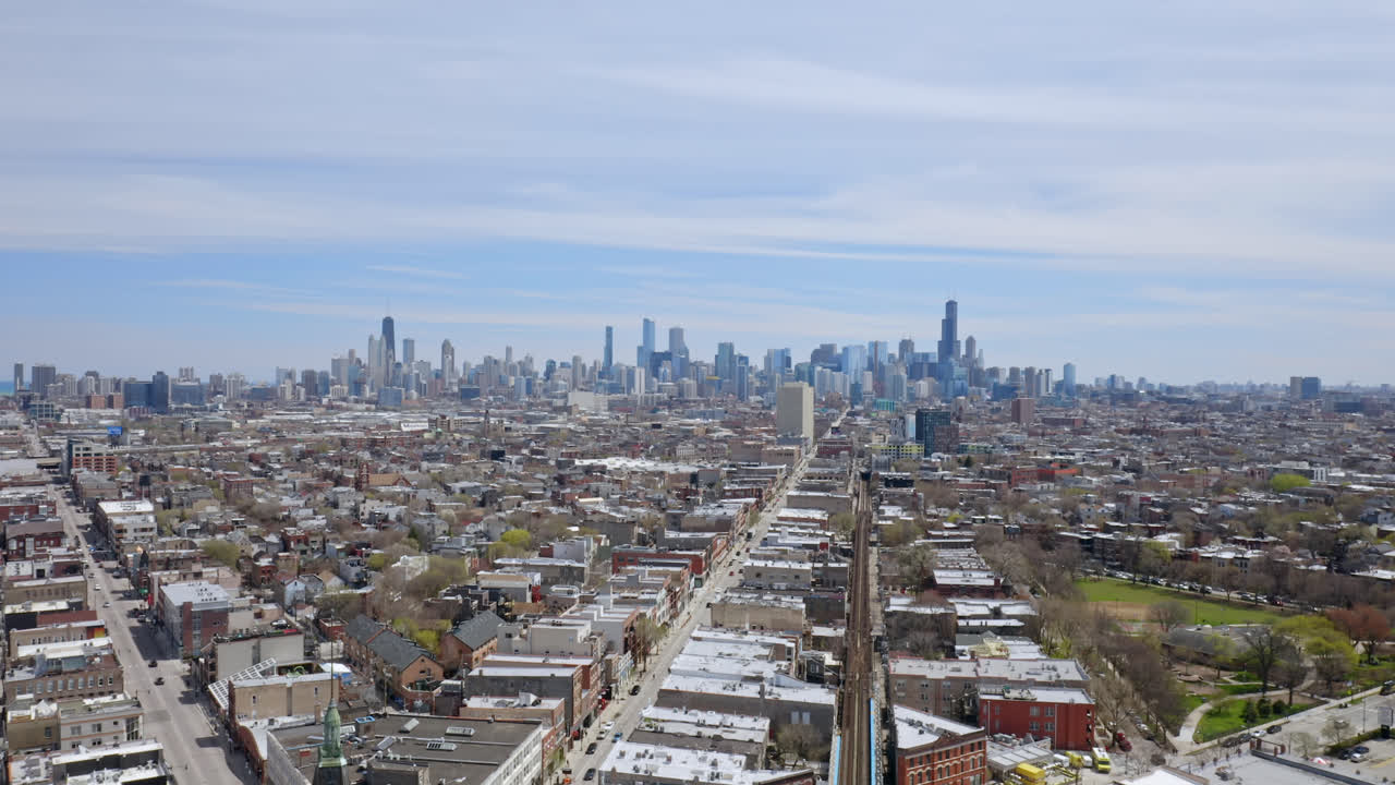 Drone Descent Revealing Chicago Outskirts And Big Building With ...
