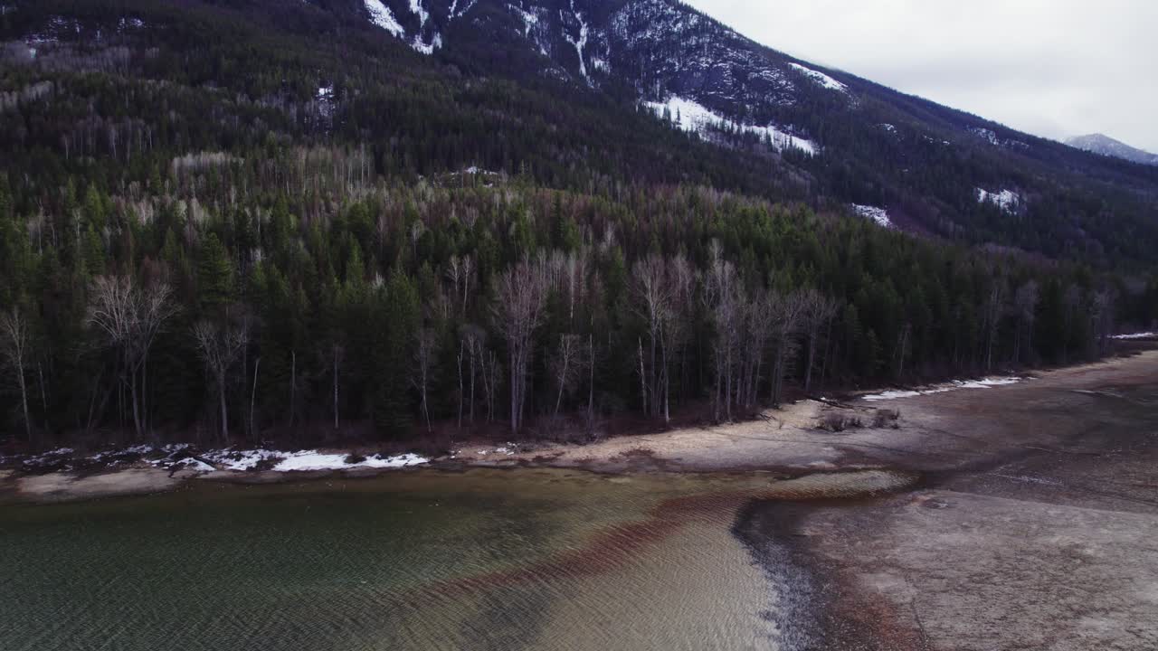Vídeo Premium - Bosque de pinos con costa de arena rojiza nevada, lago ...