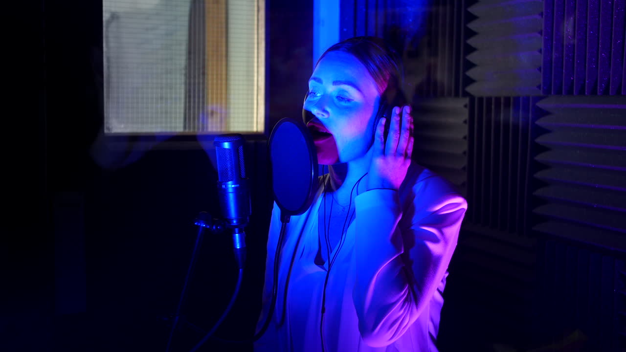 Tracking Shot Of A Girl Singing In A Vocal Booth Through The Recording ...