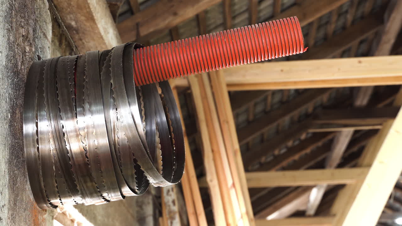 Worker Takes Bandsaw Blade From Stack In Sawmill, Static View On Hands ...