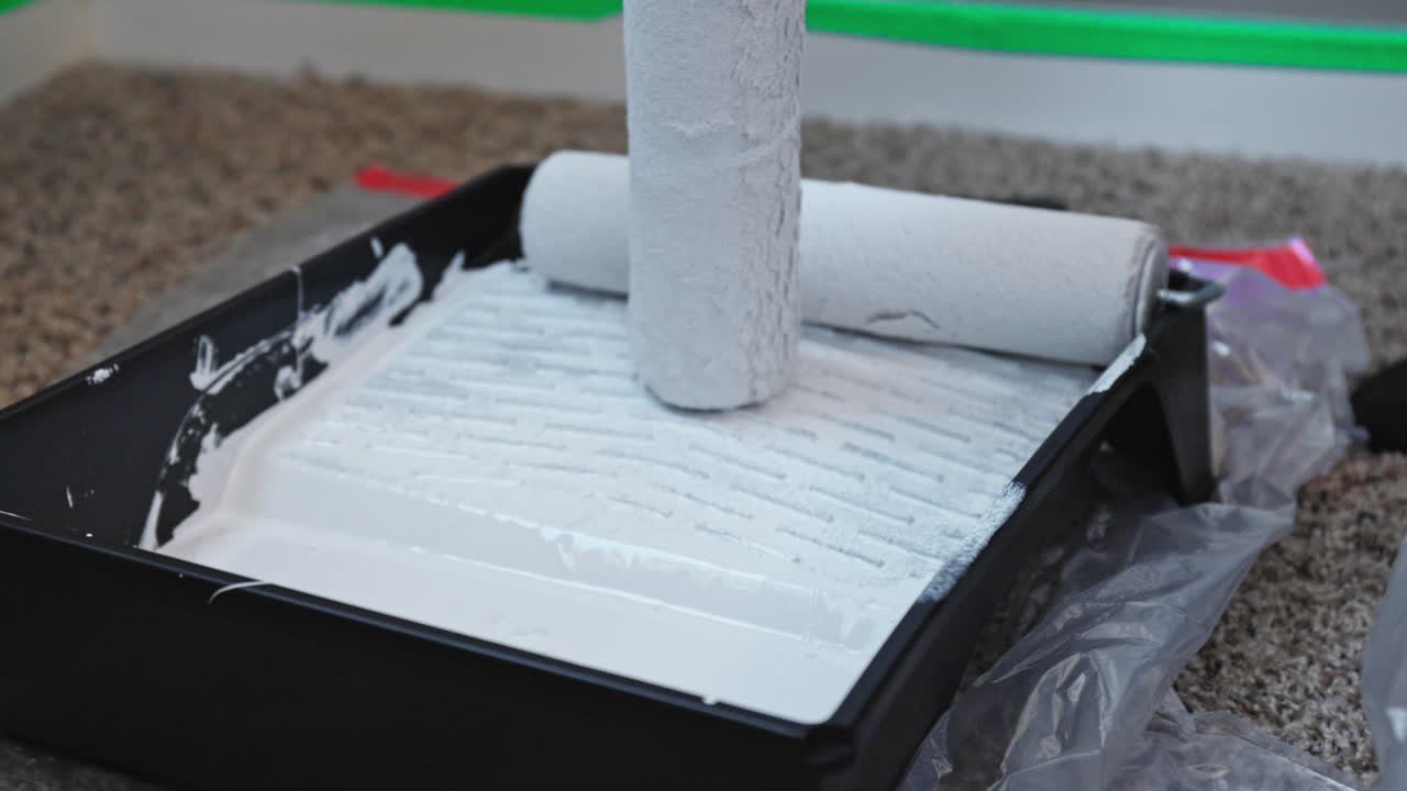 Premium stock video - Close up of person rolling white paint on with a ...