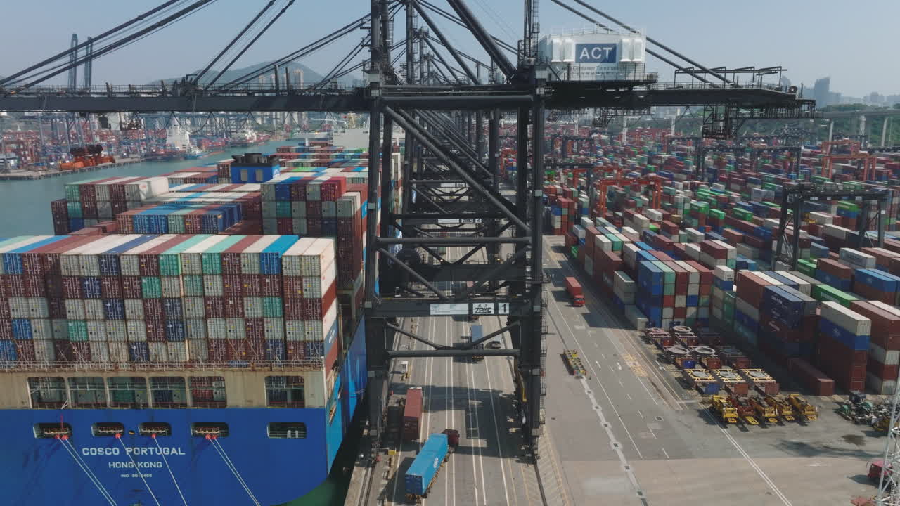 Ascending Aerial View Of Cosco Portugal Container Docked At ACT ...