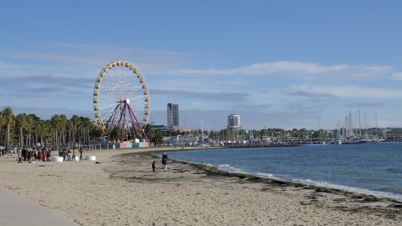 Geelong Eastern Beach Waterfront With Giant Ferris Wheel, SLOW MOTION ...