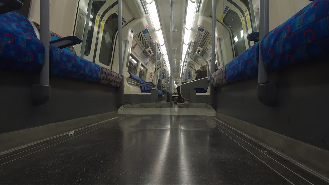 Inside Low Angle View Of London Underground Jubilee Line Train Carriage ...