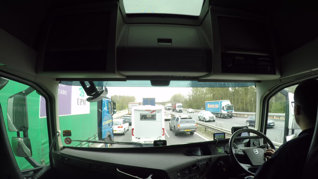 In Cab View Of A HGV Driver In Stop - Start On The M1 Motorway Caused ...