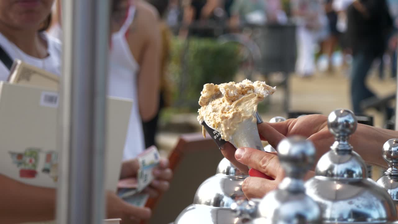 Hands Preparing A Pot Of Ice Cream On A Street Food Stand During The ...