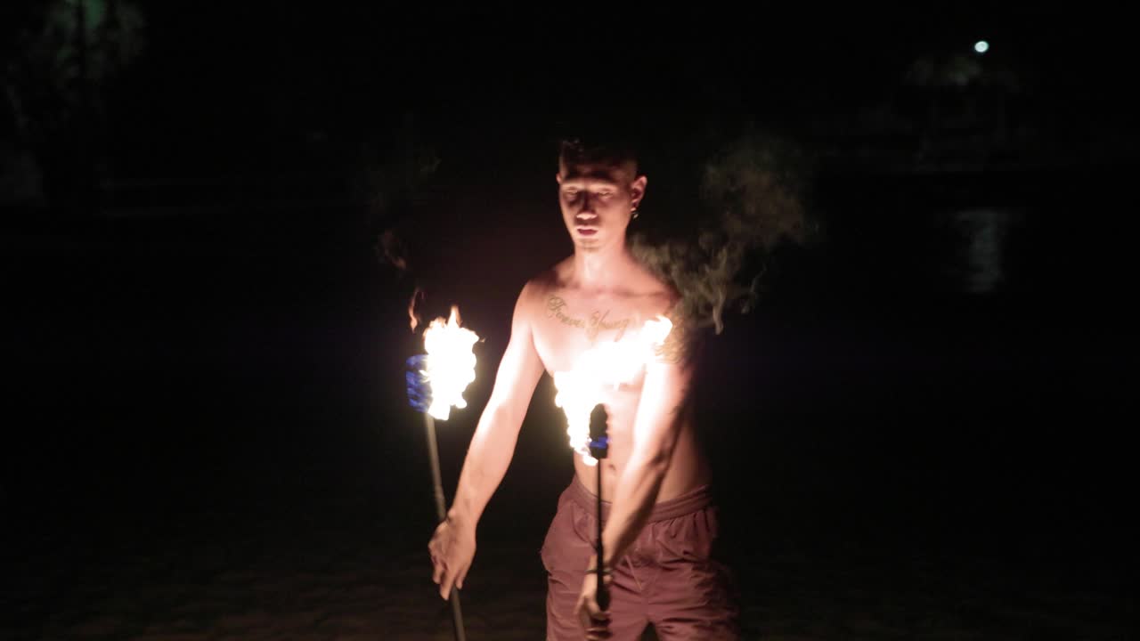 Badass Man Fire Twirling Show Night Performance Free Stock Video ...