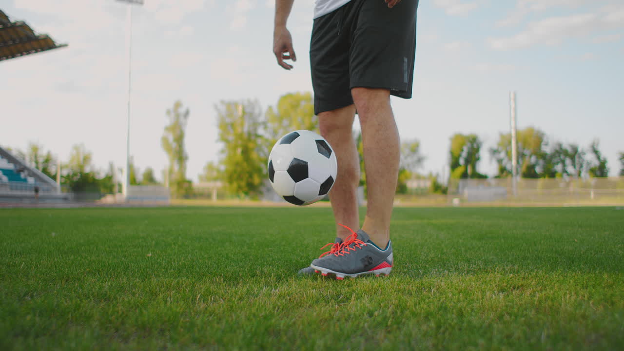Professional Male Soccer Player Athlete On The Football Field In Slow ...