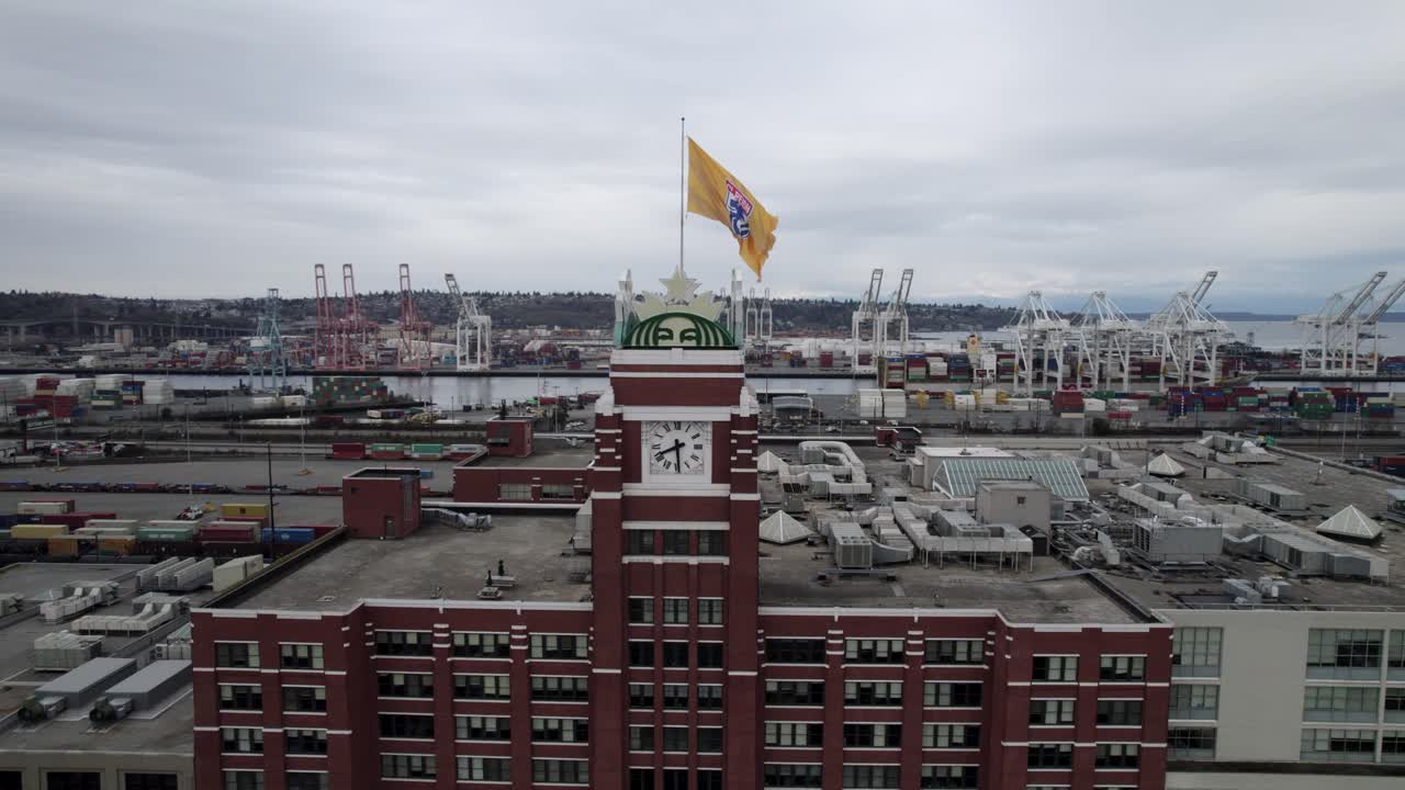 Clockwise Aerial Orbit Of Starbucks Coffee Headquarters Elliot Bay And ...