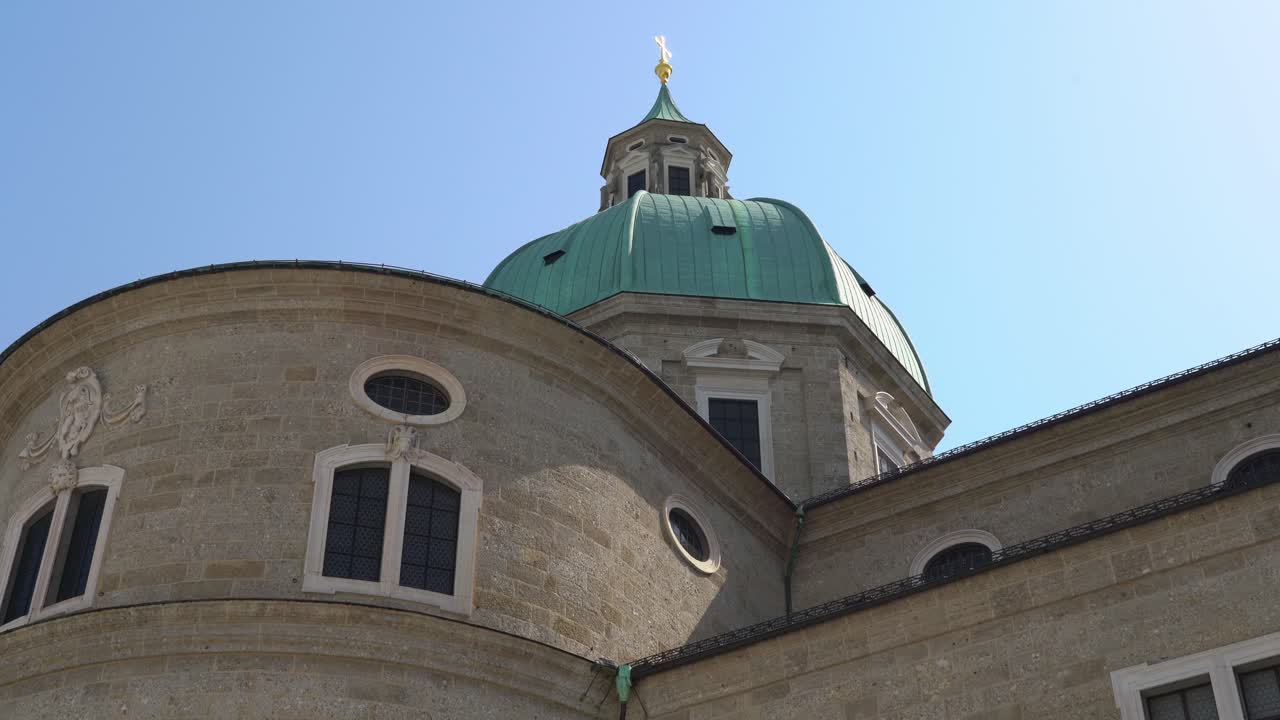 Zoom In Of Salzburg Cathedral Stone Wall And Green Rooftop With Golden ...