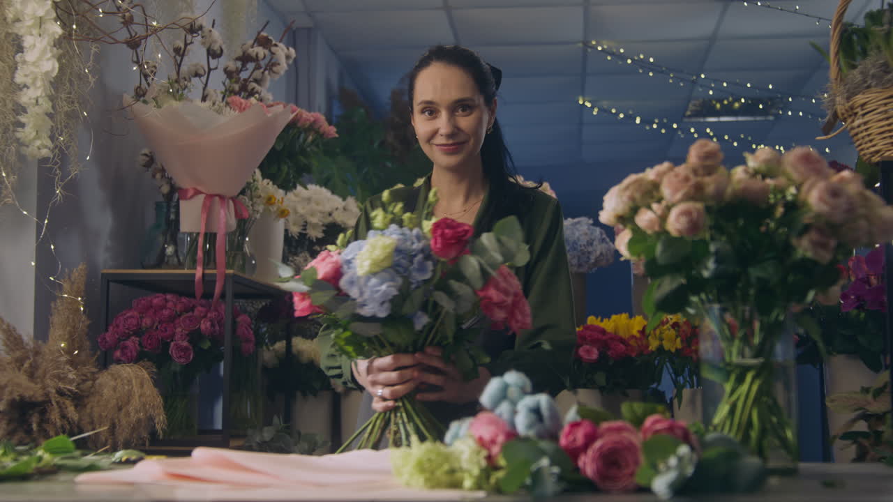 Female Florist Keeps In Hands Beautiful Bouquet Free Stock Video ...