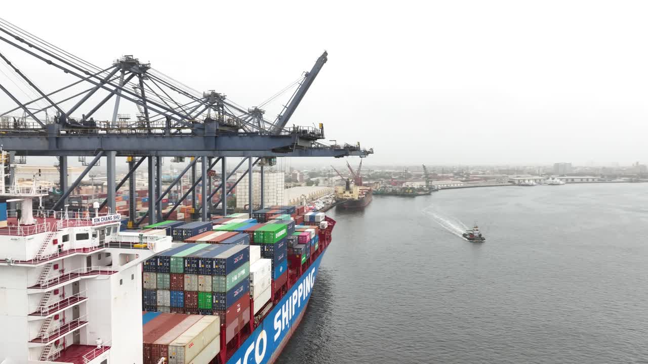 COSCO Ship Loading At Karachi Port Terminal, Pakistan Aerial Panoramic ...