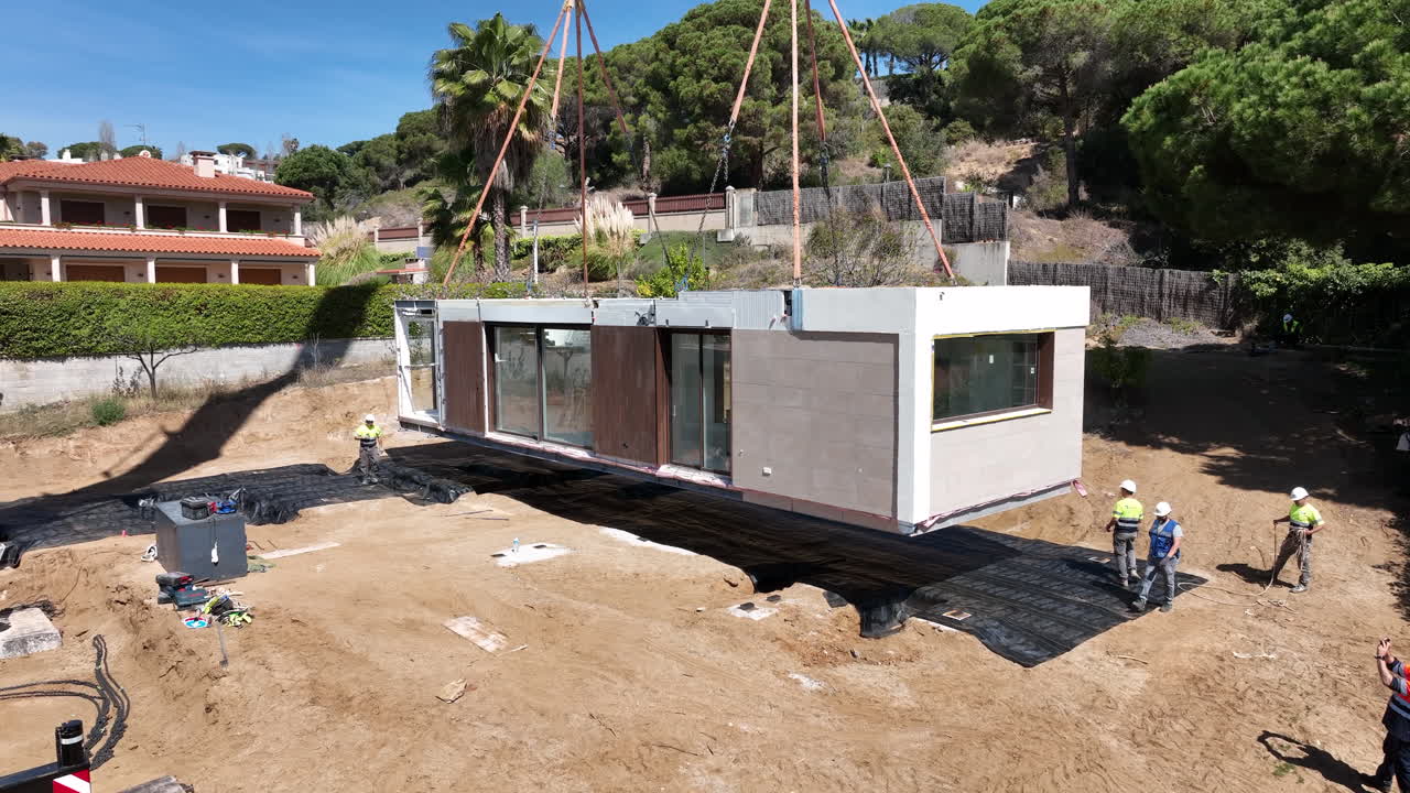Construction Site Of Modular Home With Lifted Module, Aerial Dolly ...