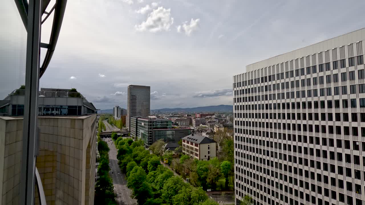 High Angle Shot Looking Across Theodor-Heuss-Allee Road With Office Buildings In View In ...