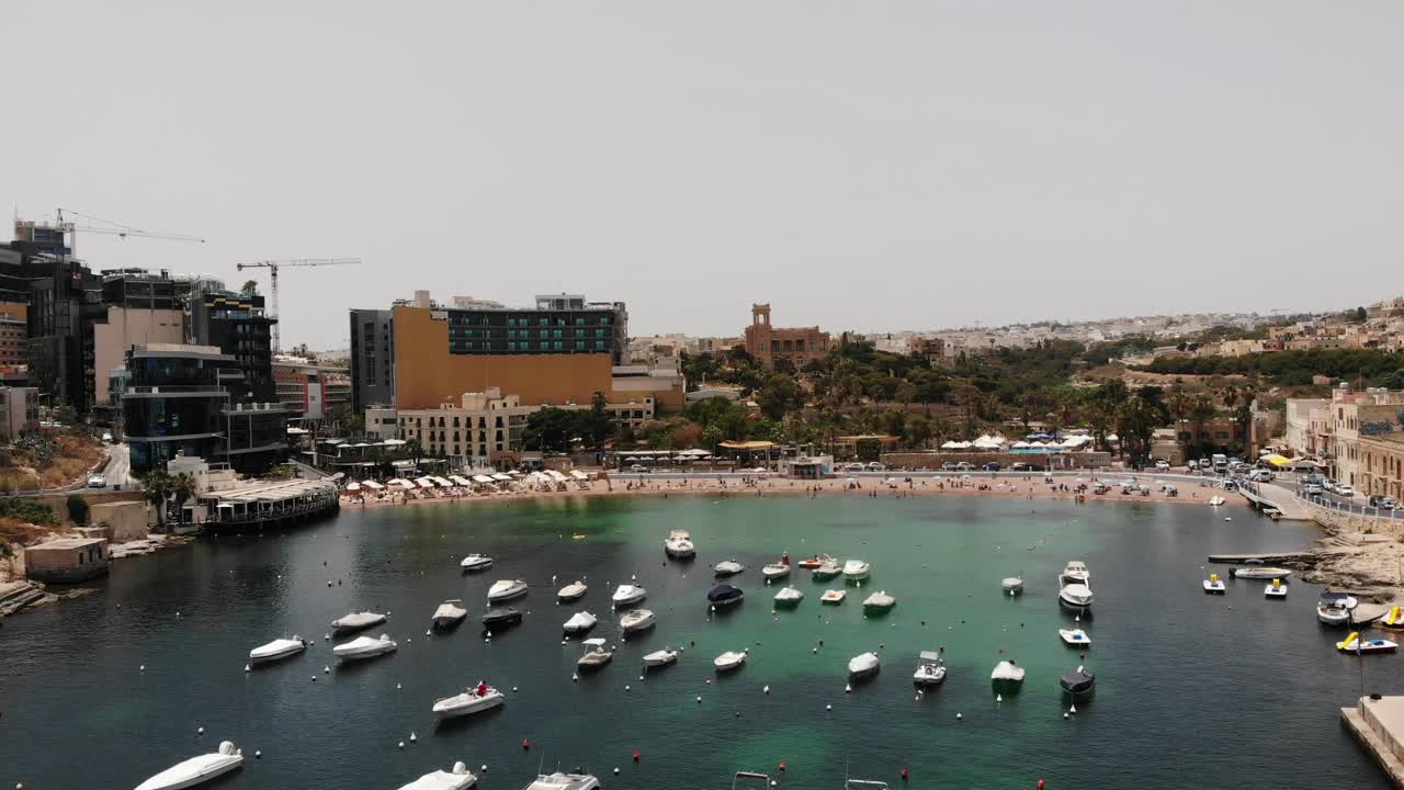 Panoramic Aerial Drone View Of Crowded Sandy Beach And White Boats ...