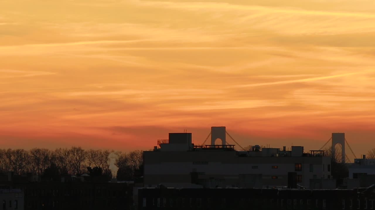 Brooklyn Skyline And Verrazano Bridge With Deep Orange Sunset And Steam ...