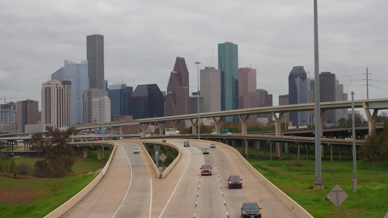 Establishing Shot Of Cars On I-45 North Freeway With Downtown Houston ...