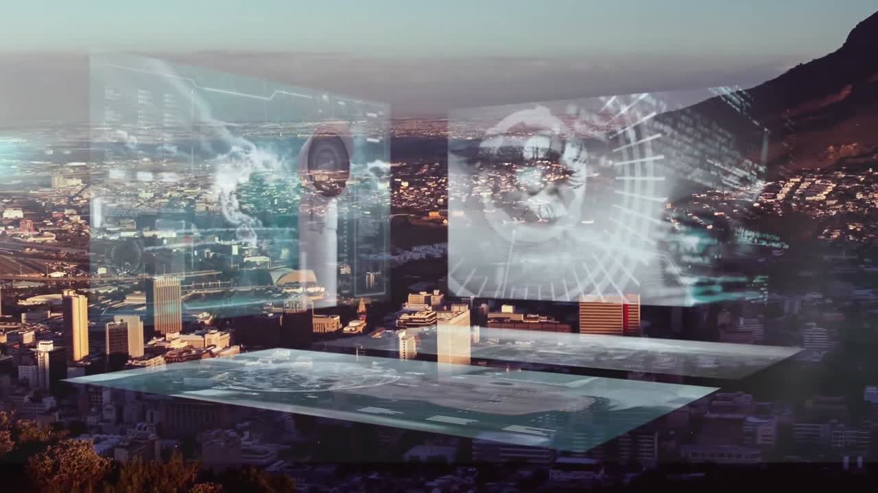 Animation of moving screens with statistics and data processing over ...