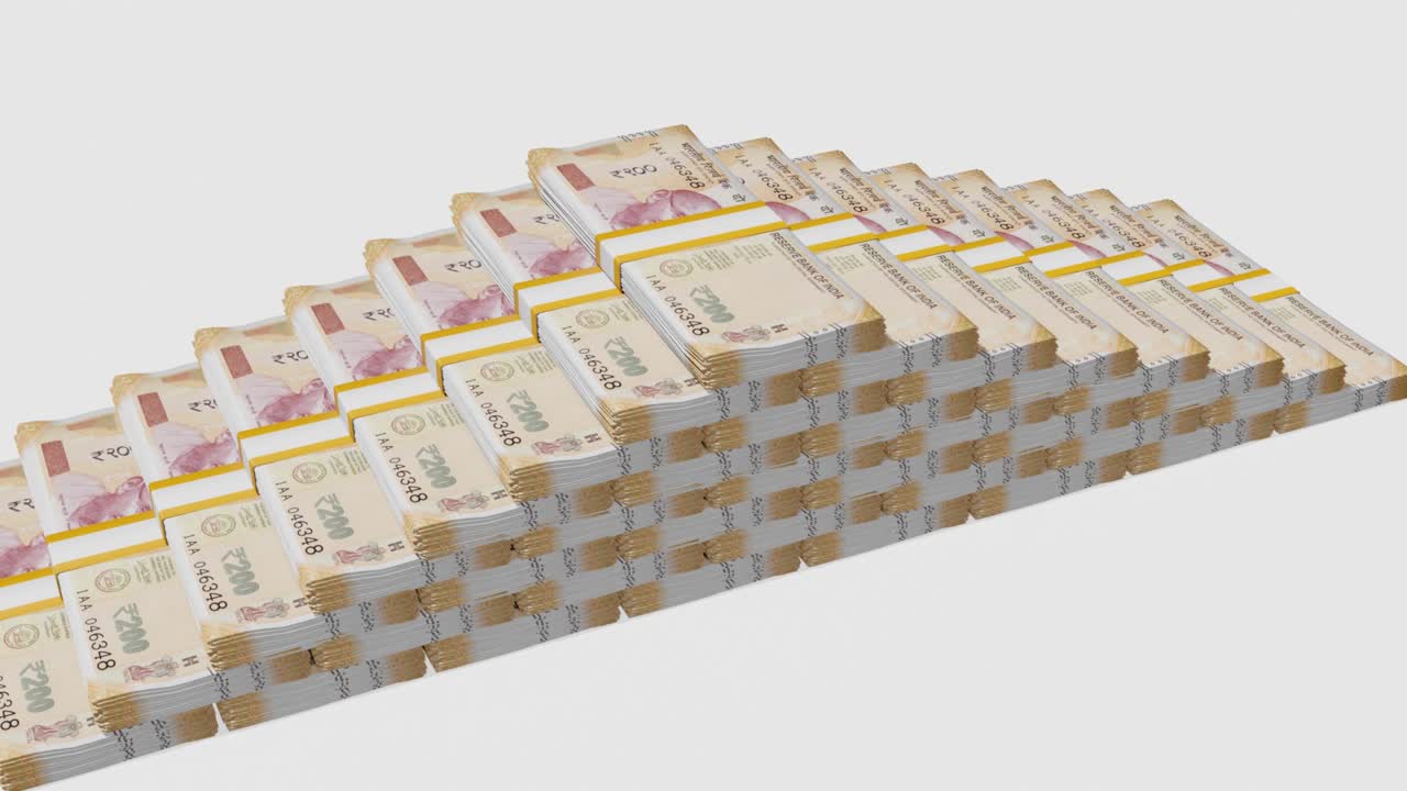 Many wads of money. 200 Indian Rupees banknotes. Stacks of money ...