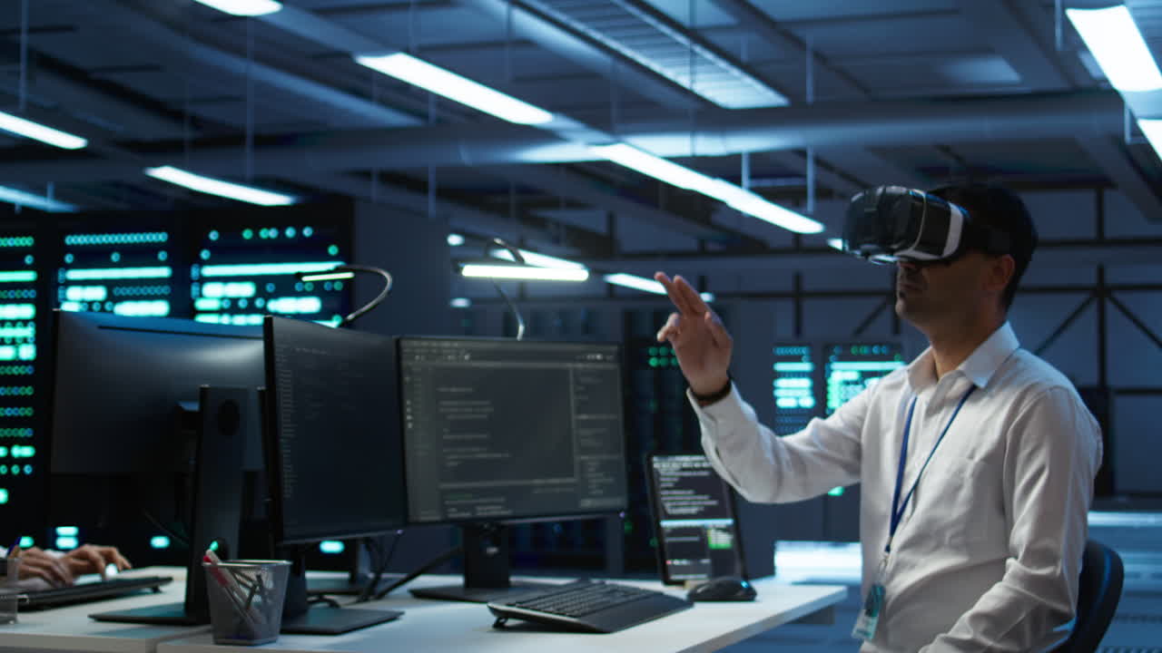 Engineer wearing vr headset in data center installing software Premium Stock Video Footage