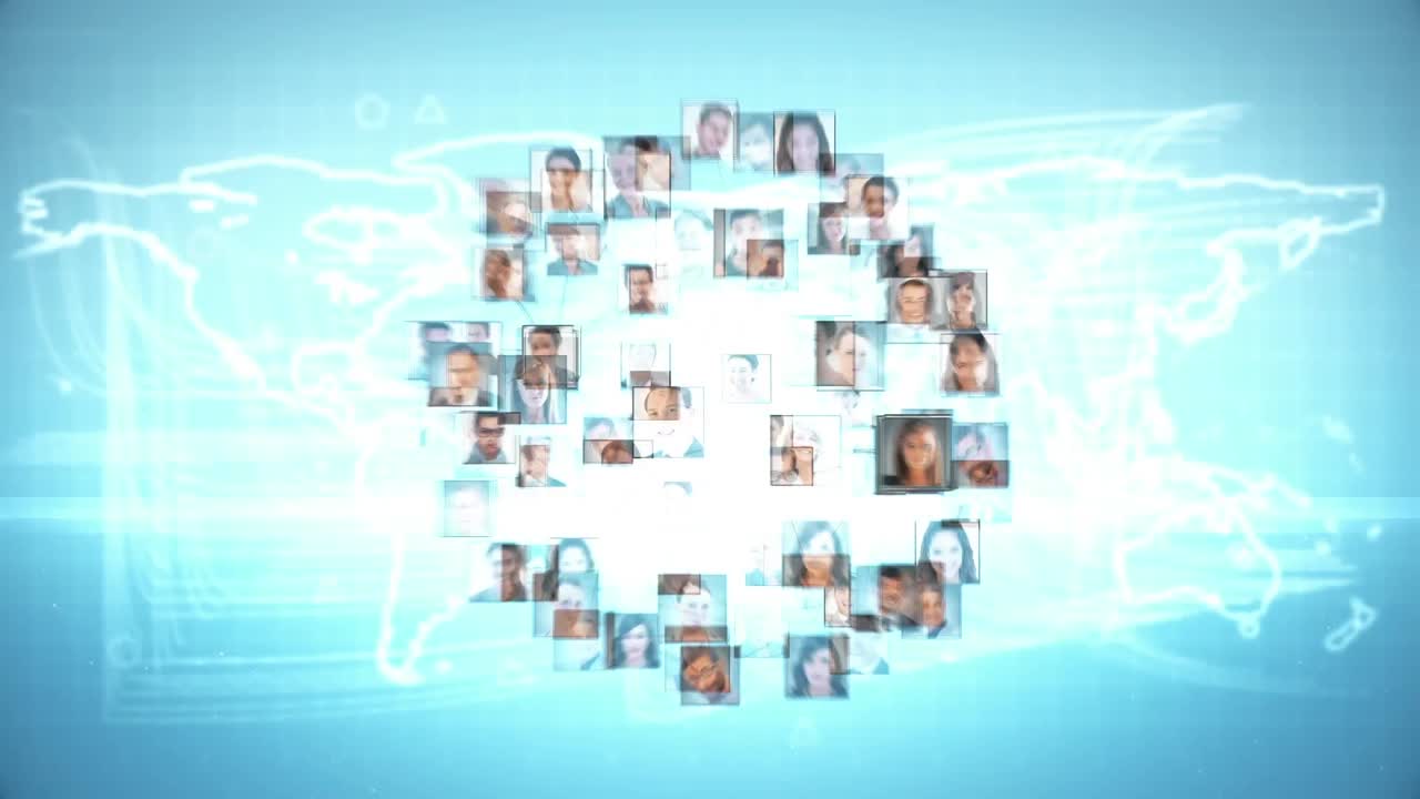 Animation of globe of business profile icons over world map against ...