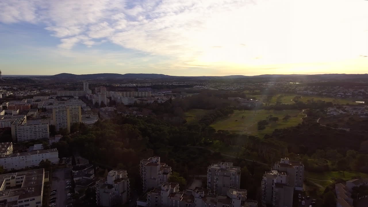 Free stock video - Sunset over golf montpellier massane aerial drone view.