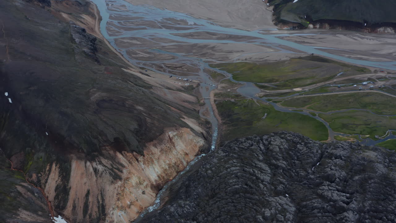 Aerial View Of Thorsmork Glacier Valley With Krossa River Flowing In ...