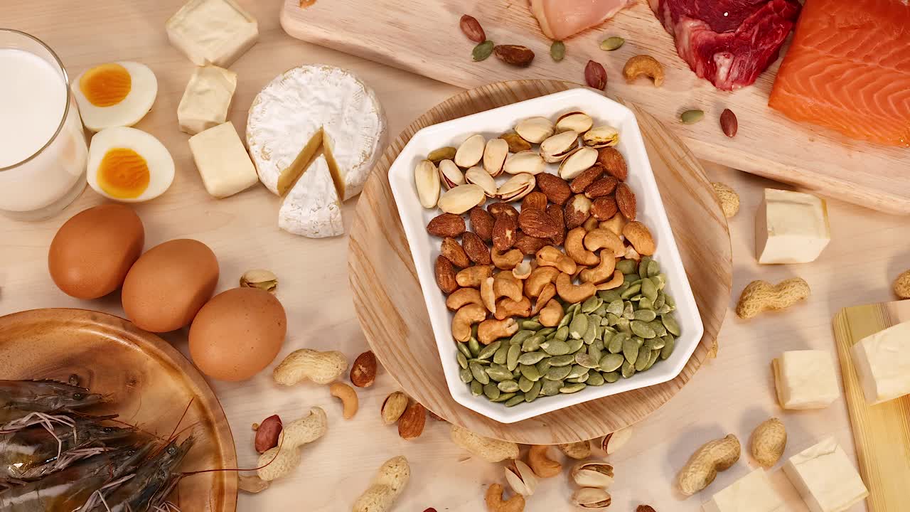 Variety of protein sources arranged on a table | Premium Stock Video ...