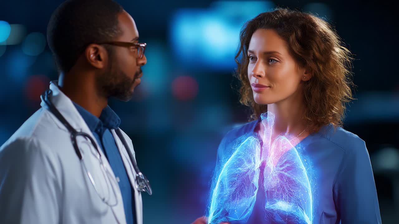 A healthcare professional explains to a patient about respiratory ...