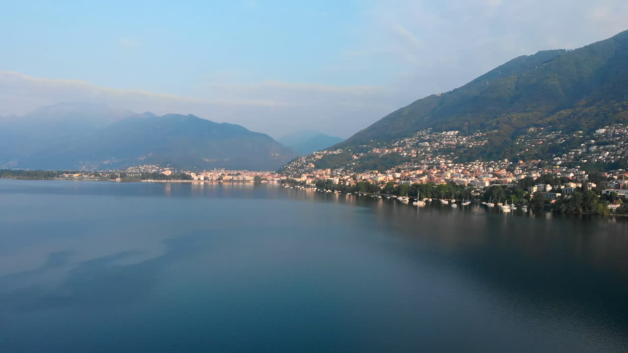 Aerial Approach Of The Lakeside Of Locarno And Ascona, Lake Maggiore ...