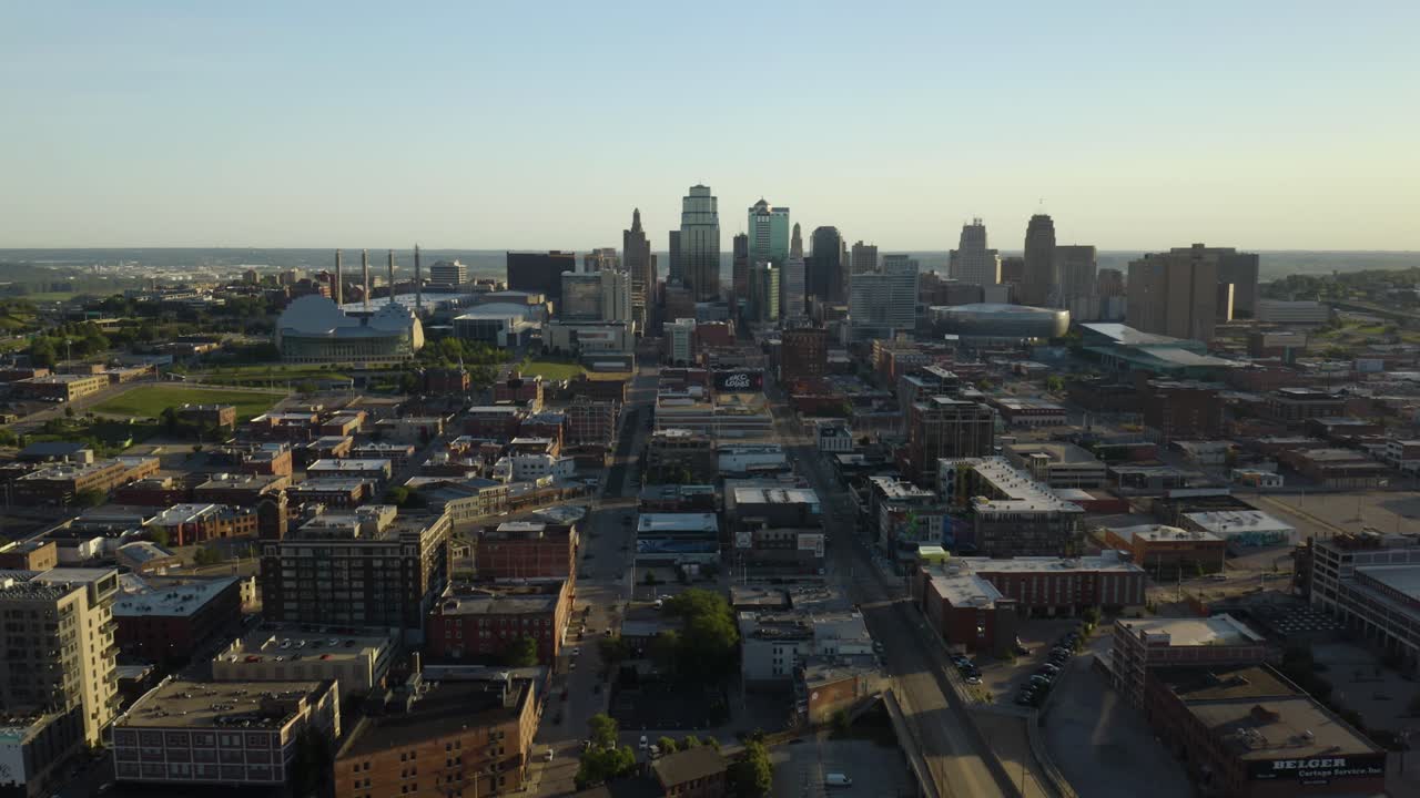 Birds Eye Aerial View Of Downtown Kansas City, Missouri During Sunrise ...