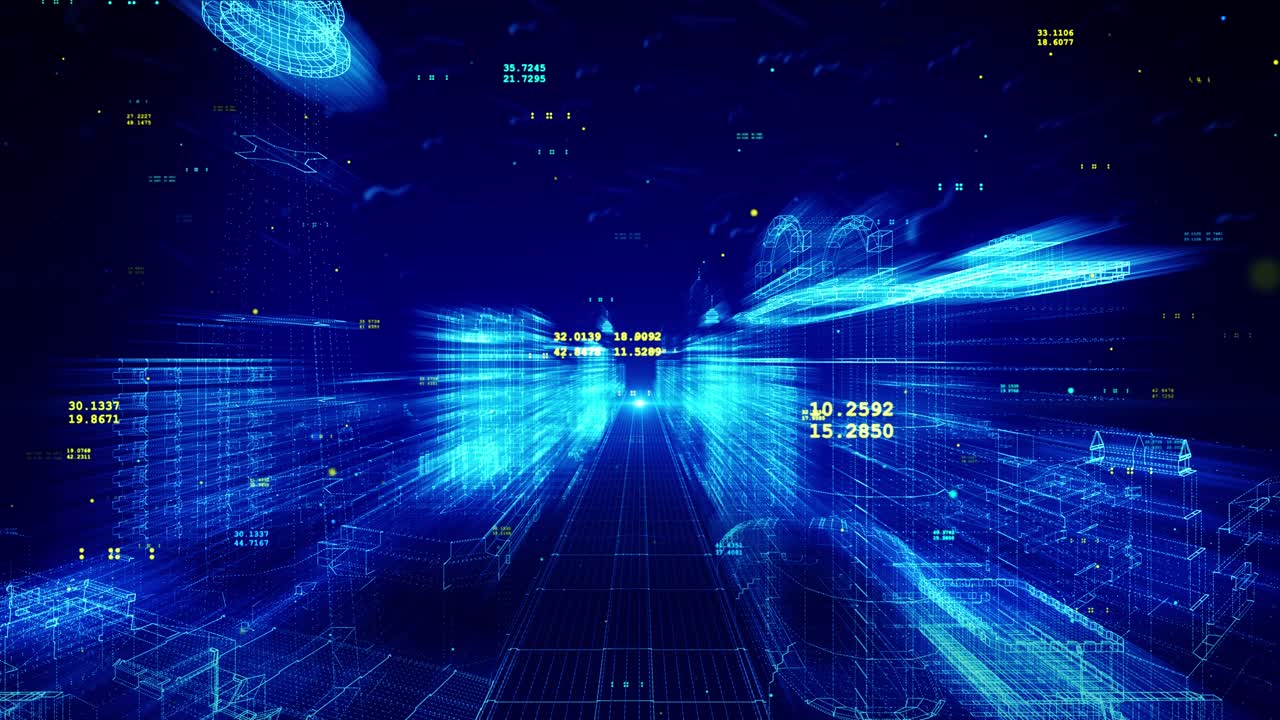 Abstract visualization of a digital city made of codes and numbers loop ...