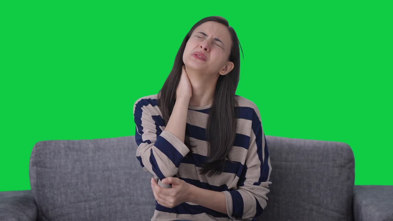 Sick Indian Girl Suffering From Neck Pain Green Screen Free Stock Video ...
