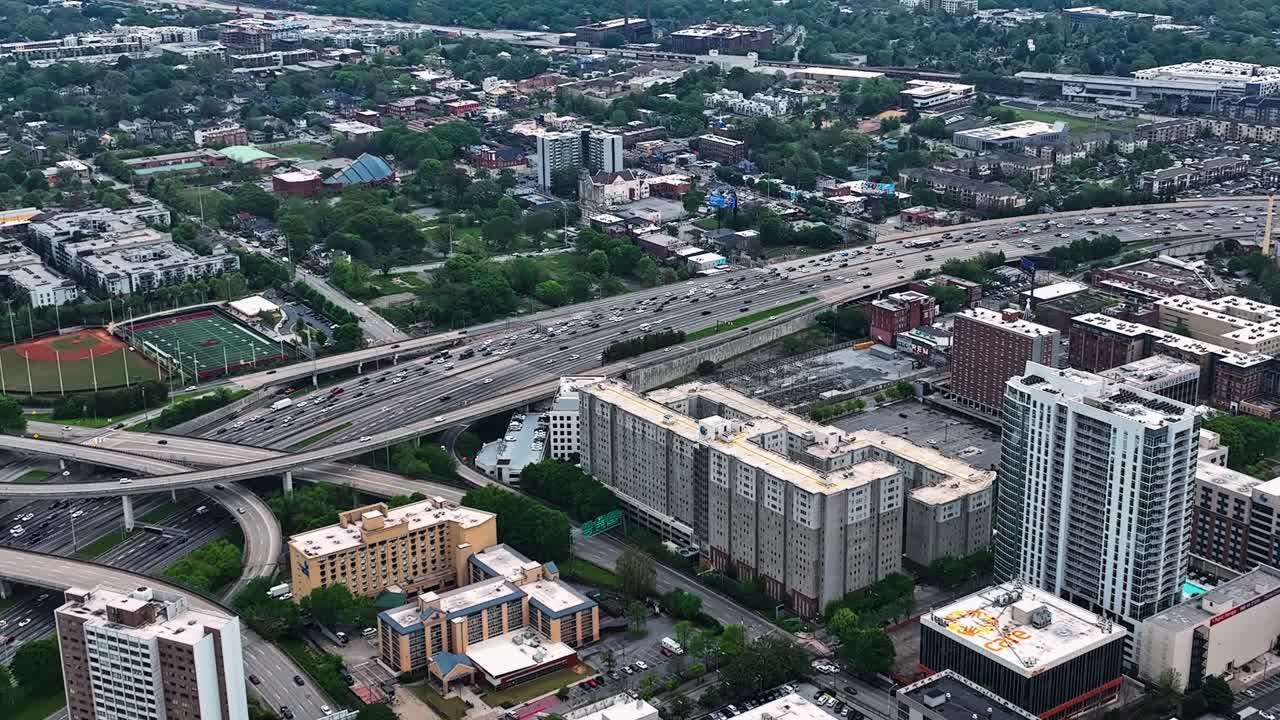 Panoramic aerial view of Downtown Atlanta expressway traffic, Georgia, USA | Premium Stock Video ...