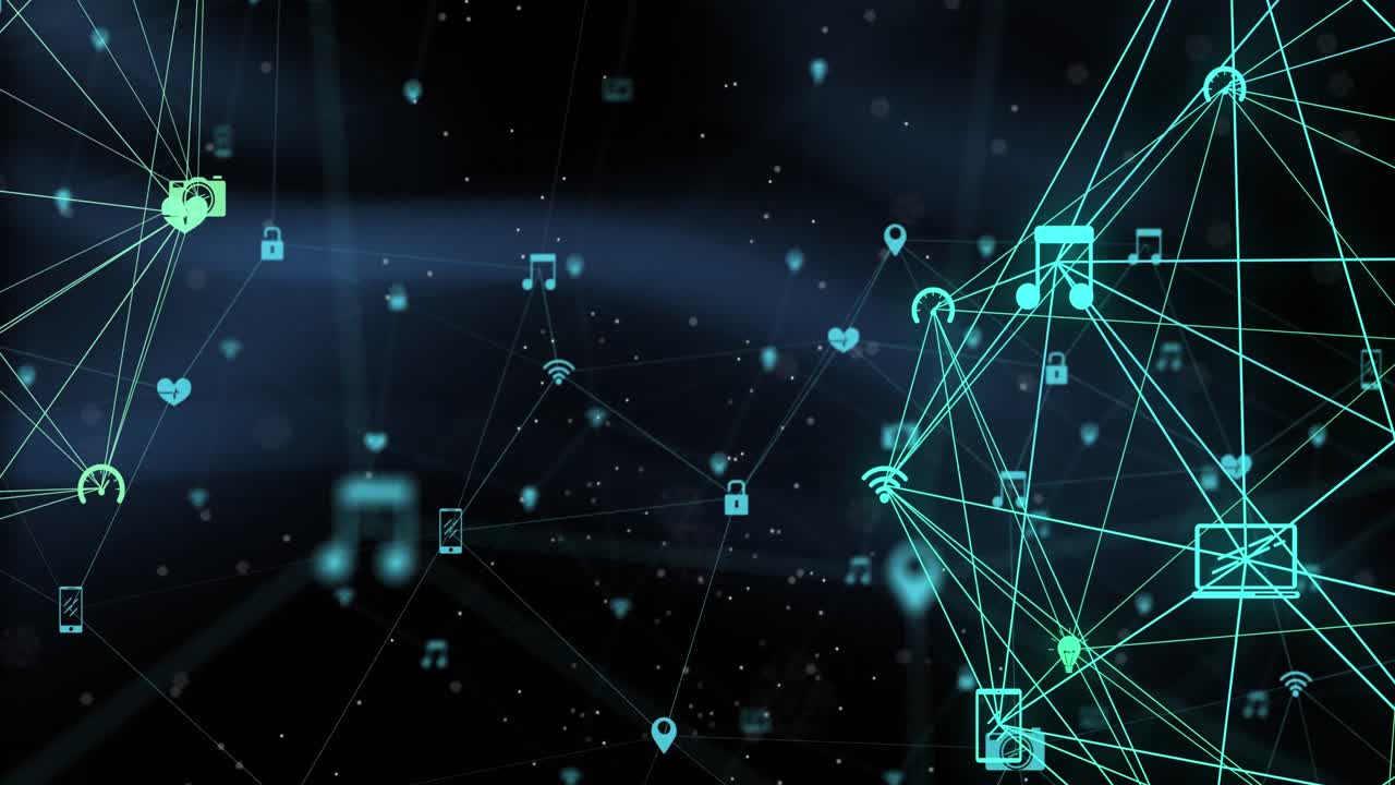Animation of network of connections with icons over black background ...