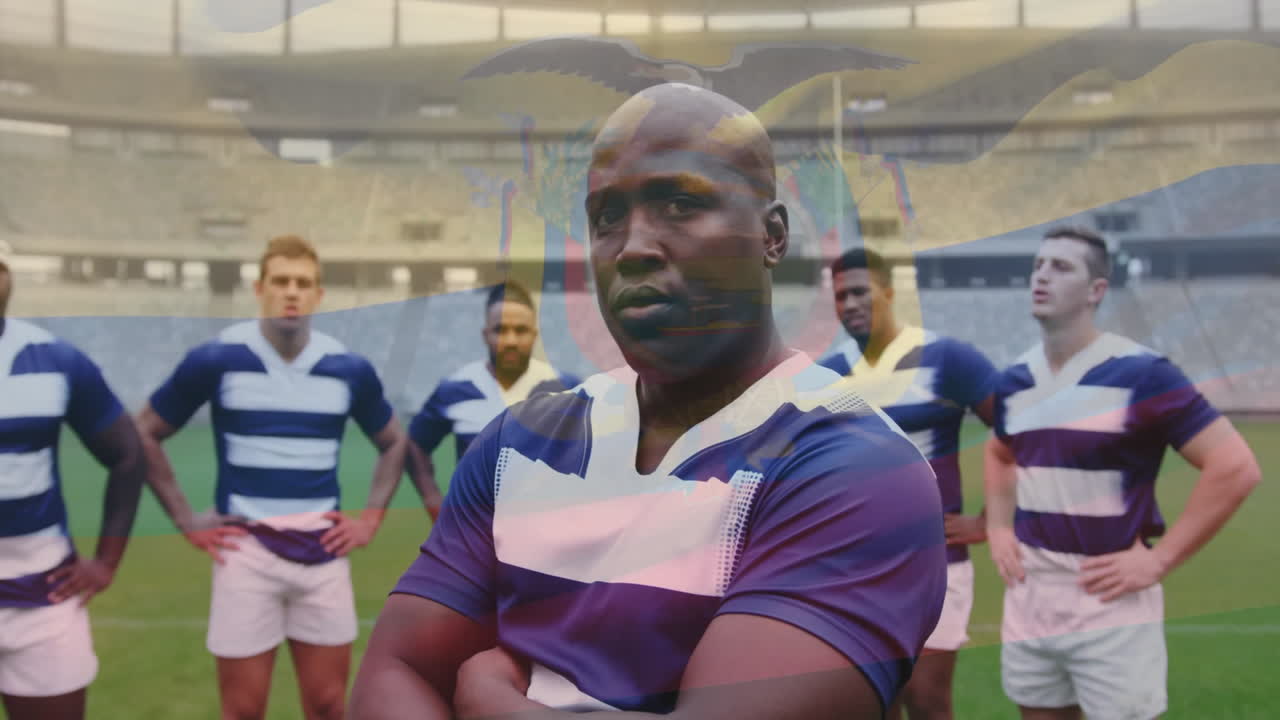 On field, rugby team standing with flag animation overlay in stadium ...