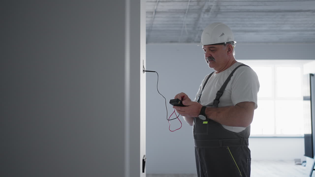 A Male Electrician Checks The Voltage In The Network With A Wire Tester ...