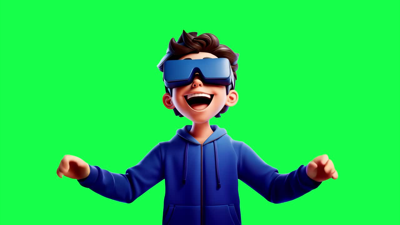 Excited boy wearing VR headset animation, transparent 4K video, green ...
