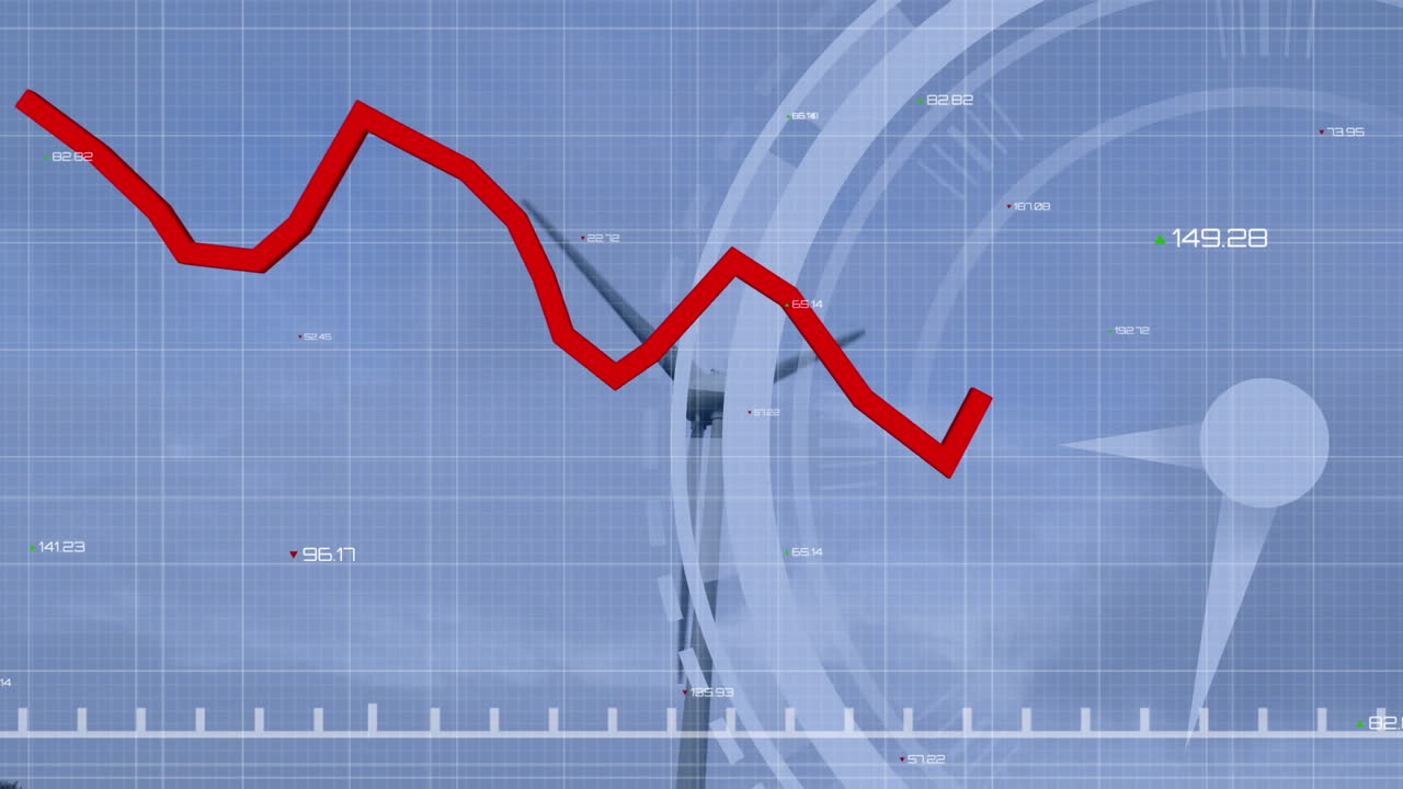 Animation of red line, clock and data processing over wind turbines ...